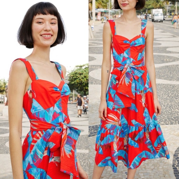 FARM Rio | Dresses | Farm Rio Sweet Jungle Red Cotton Midi Dress Large ...